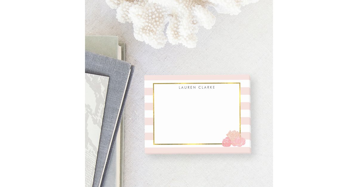 Pink Stripe & Blush Peony Personalized Notes | Zazzle