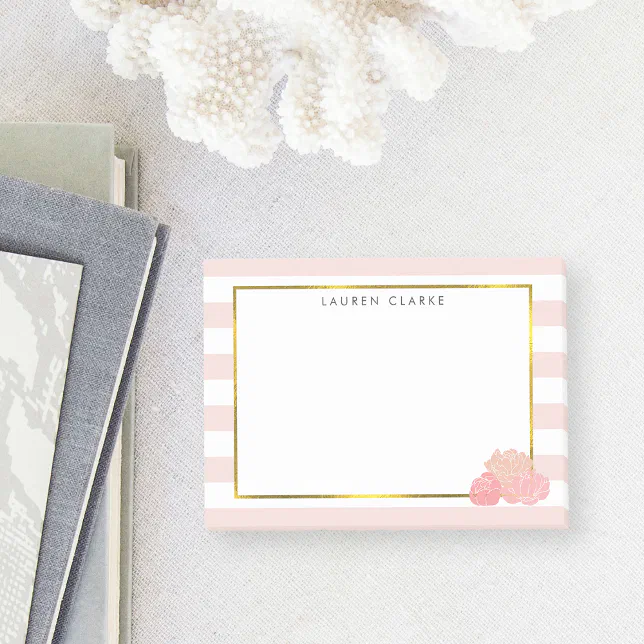 Pink Stripe & Blush Peony Personalized Notes | Zazzle