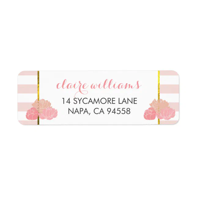 Pink Stripe & Blush Peony Return Address Labels | Zazzle