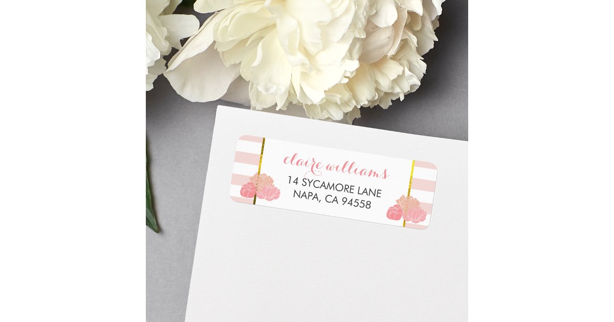 Pink Stripe & Blush Peony Return Address Labels | Zazzle