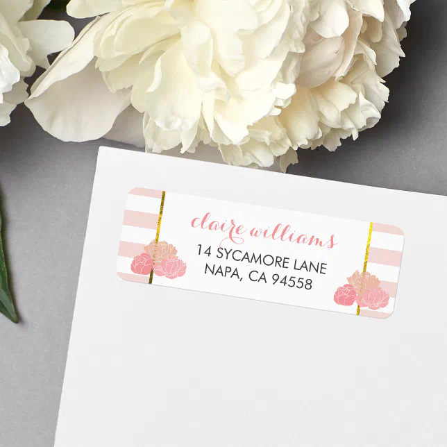 Pink Stripe & Blush Peony Return Address Labels | Zazzle
