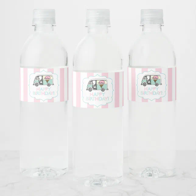 Pink Stripe Ice Cream Birthday Water Bottle Labels | Zazzle