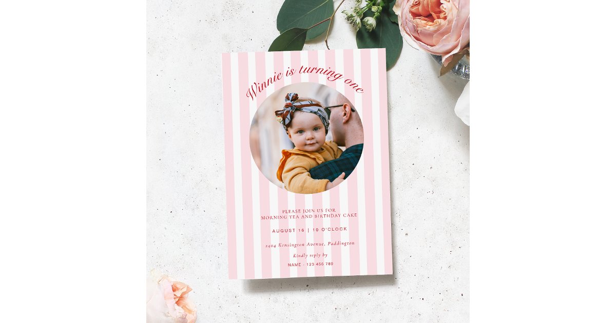 Pink Stripe Photo Birthday Invitation | Zazzle