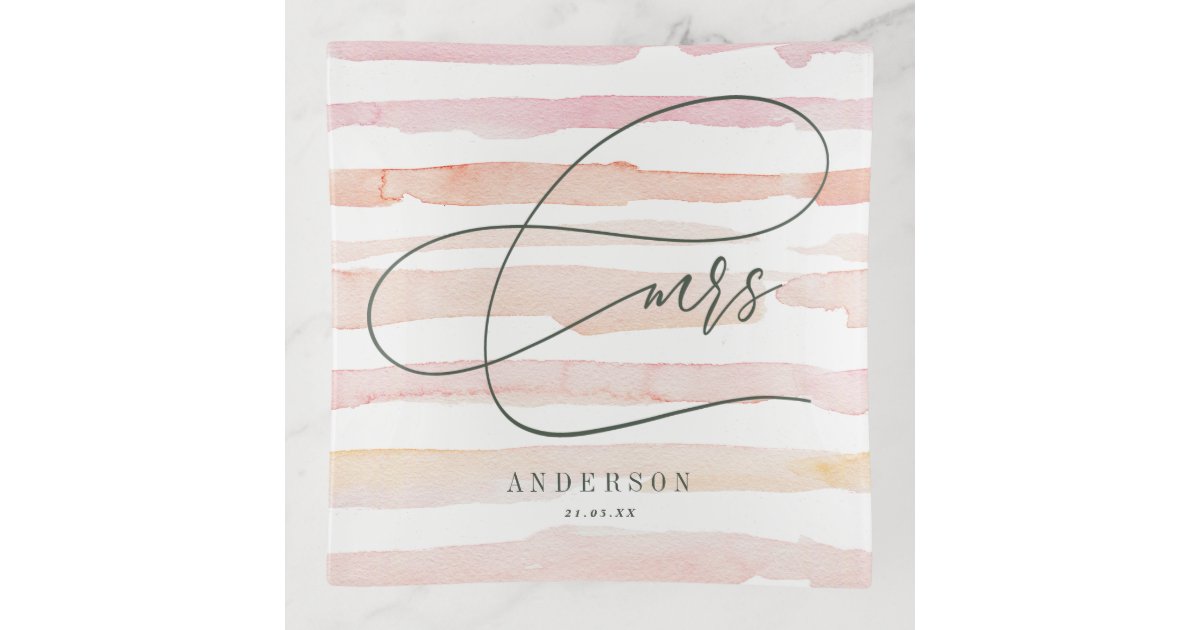 Pink stripe watercolor script text Mrs Trinket Tray | Zazzle