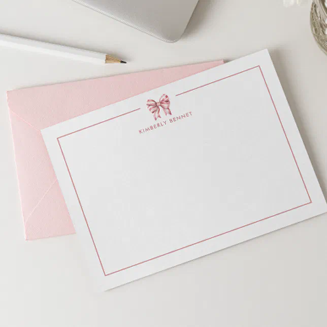 PINK STRIPED BOW COQUETTE PERSONALIZED NOTE CARD | Zazzle