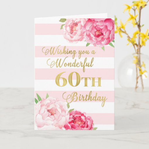Pink Stripes and Flowers Happy 60th Birthday Card | Zazzle
