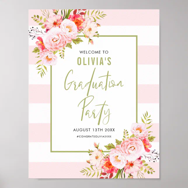 Pink Stripes Floral Graduation Welcome Sign | Zazzle