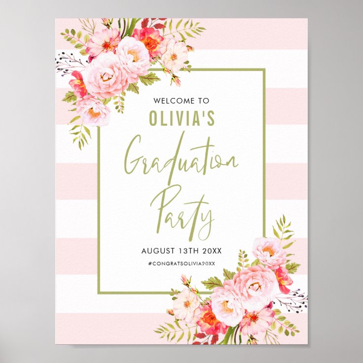 Pink Stripes Floral Graduation Welcome Sign | Zazzle