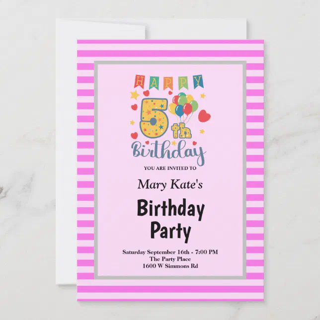 Pink Stripes Framed 5th Birthday Party Invitation | Zazzle