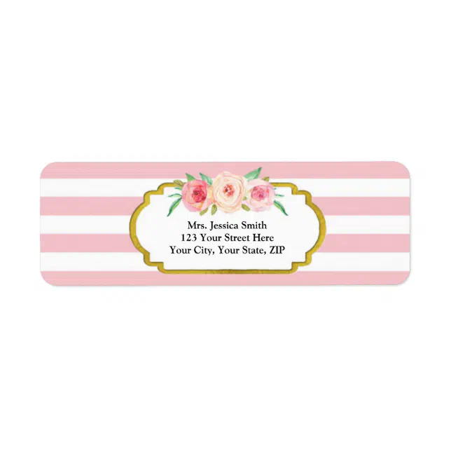 Pink Stripes Gold Pink Floral Return Address Label | Zazzle