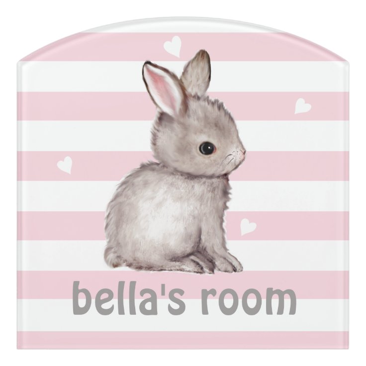 Pink Stripes Grey Bunny Girl's Room Sign | Zazzle