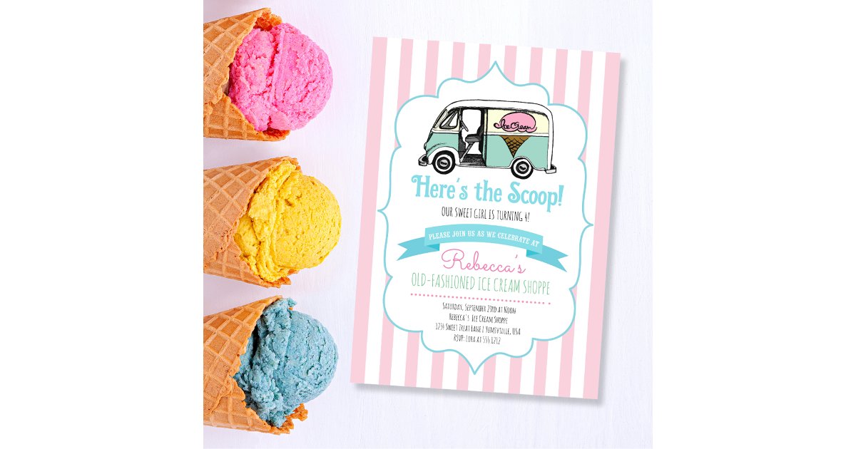Pink Stripes Here's the Scoop Ice Cream Birthday Invitation | Zazzle
