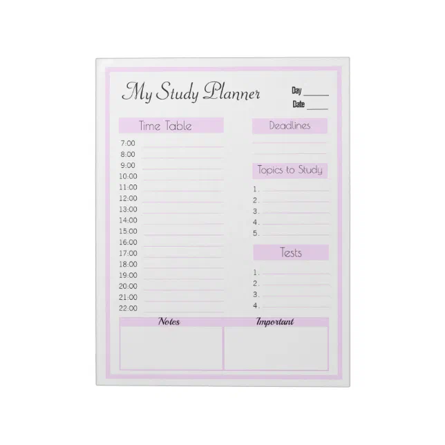 pink study planner time table daily organizer notepad | Zazzle