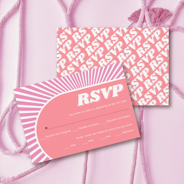Pink sunrays retro groovy 70s inspired wedding RSVP card | Zazzle
