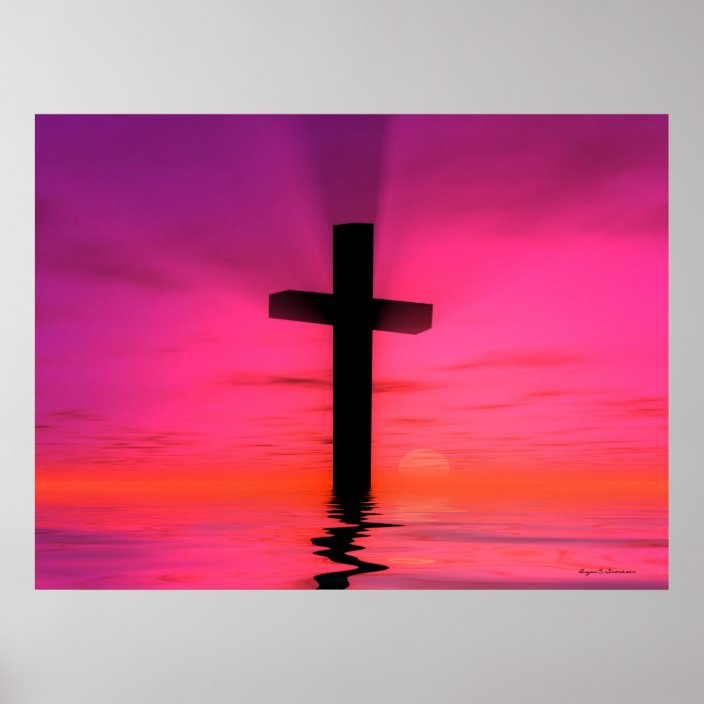 Pink Sunset Christian Cross Art Print | Zazzle.com