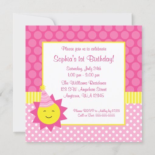 Pink Sunshine Polka Dot 1st Birthday Photo Invitation | Zazzle