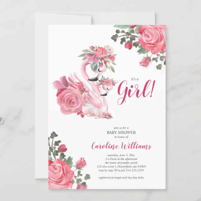 Pink swan baby shower invitation | Zazzle