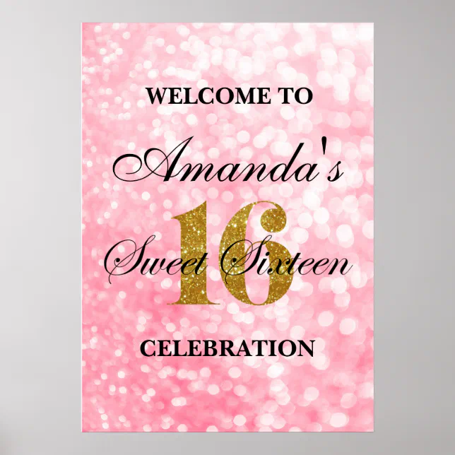 Pink Sweet 16 Gold Glitter Lights Welcome Poster | Zazzle