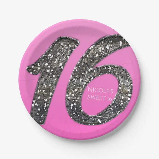 Pink Sweet 16 Silver Glitter Glam Birthday Party Paper Plates | Zazzle