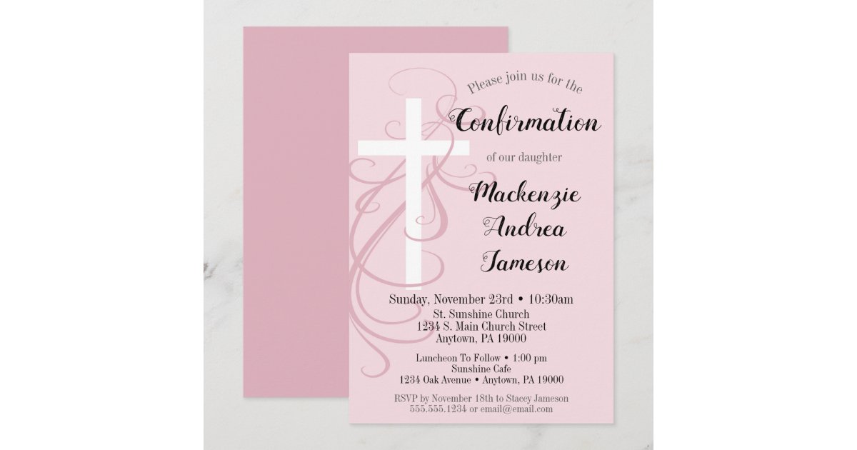 Pink Swirl Cross Confirmation Invitation Girl | Zazzle
