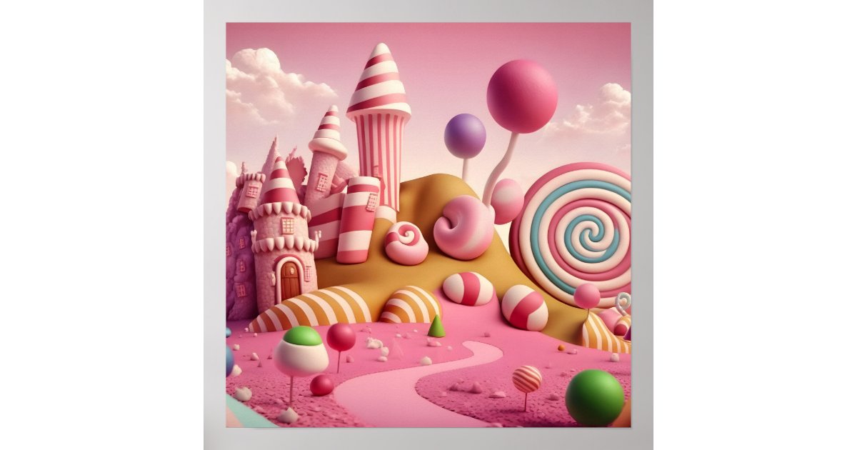Pink Swirl Lollipop Candy Land Scene Poster | Zazzle