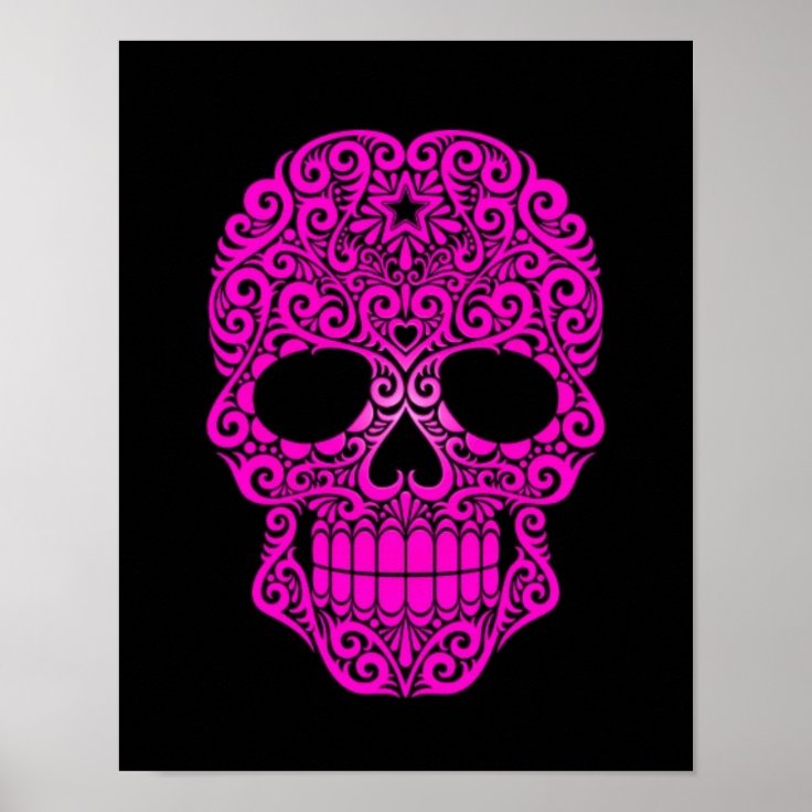Pink Swirling Sugar Skull on Black Poster | Zazzle