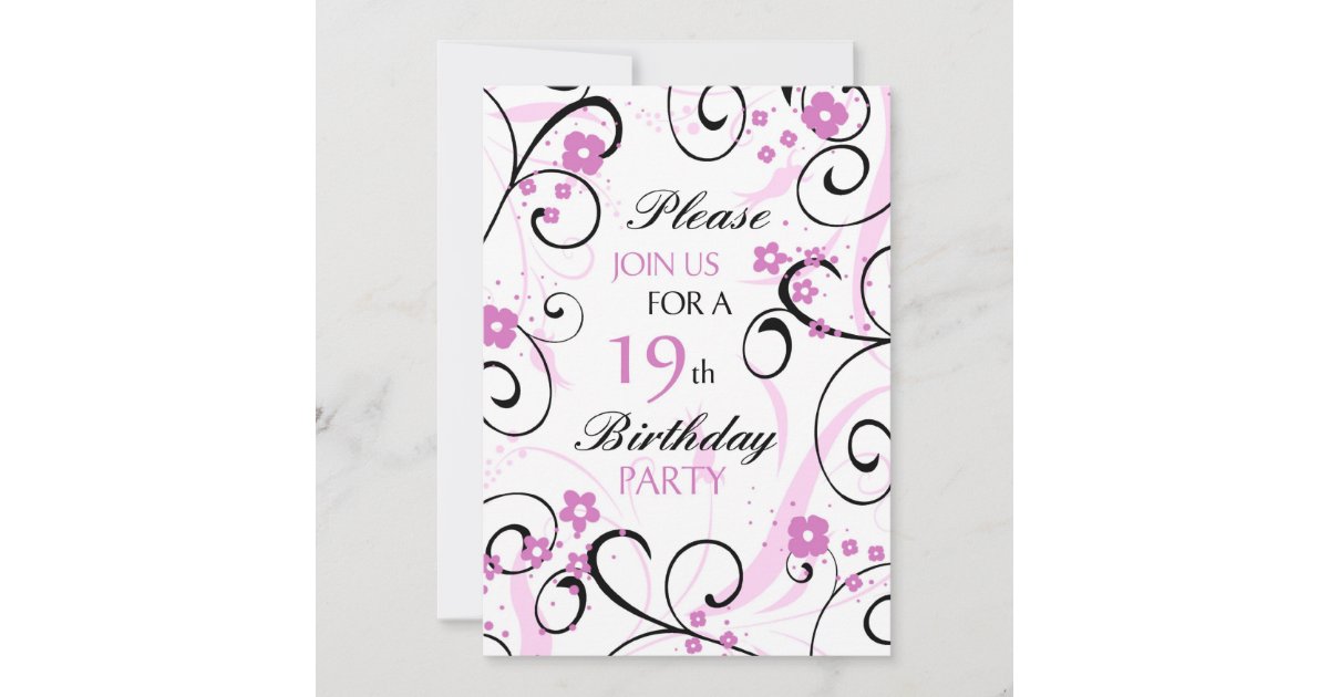 Pink Swirls 19th Birthday Party Invitation Card | Zazzle