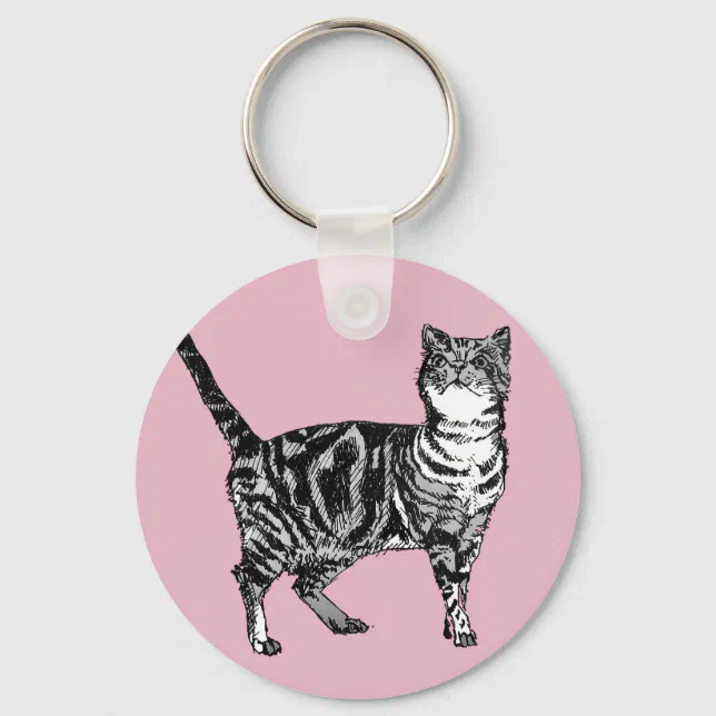 Pink Tabby Cat Cats Kitty Girls Art Key Ring | Zazzle
