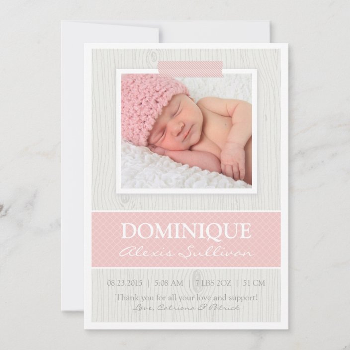 Pink Tape on Wood Grain Photo Birth Announcement | Zazzle.com