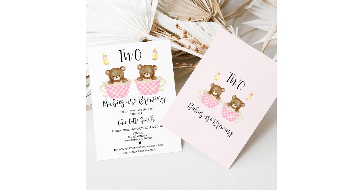 Pink Tea Cups Twins Two Babies Brewing Baby Shower Invitation | Zazzle