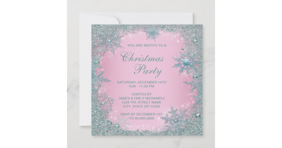 Pink Teal Blue Snowflake Christmas Party Invitation | Zazzle