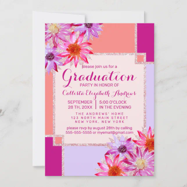 Pink Teal Flowers Leaves Oil Painted Graduation Invitation | Zazzle