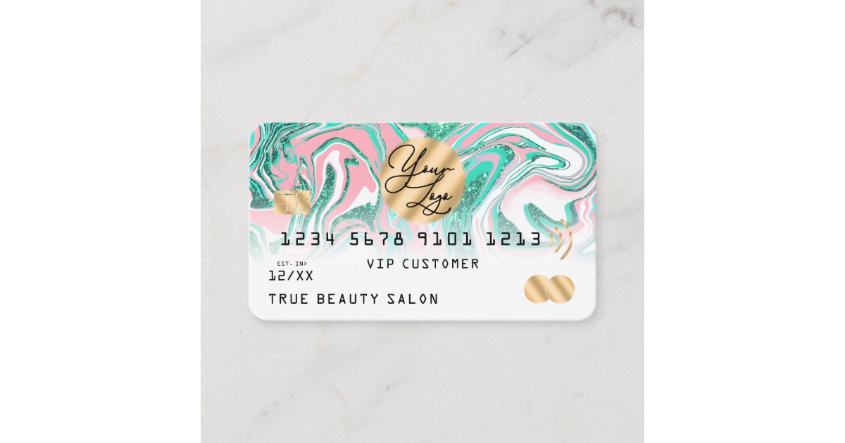 Pink Teal Glitter Marble Credit Card Logo | Zazzle