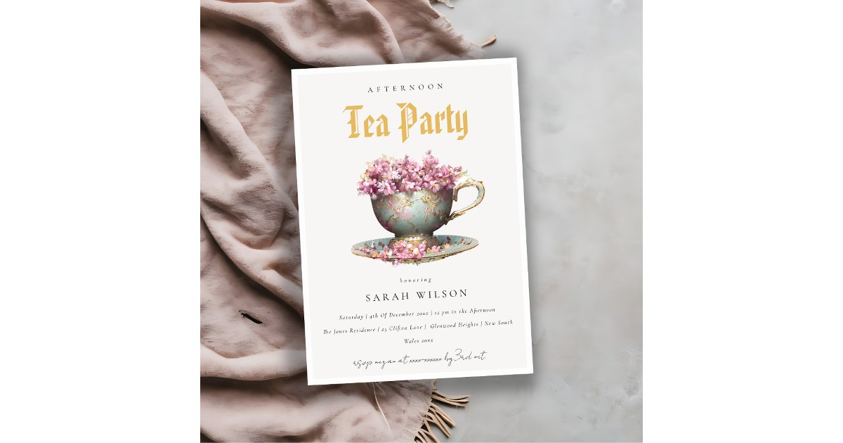 Pink Teal Gold Floral Teacup Afternoon Tea Party Invitation | Zazzle