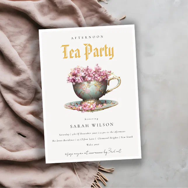Pink Teal Gold Floral Teacup Afternoon Tea Party Invitation | Zazzle