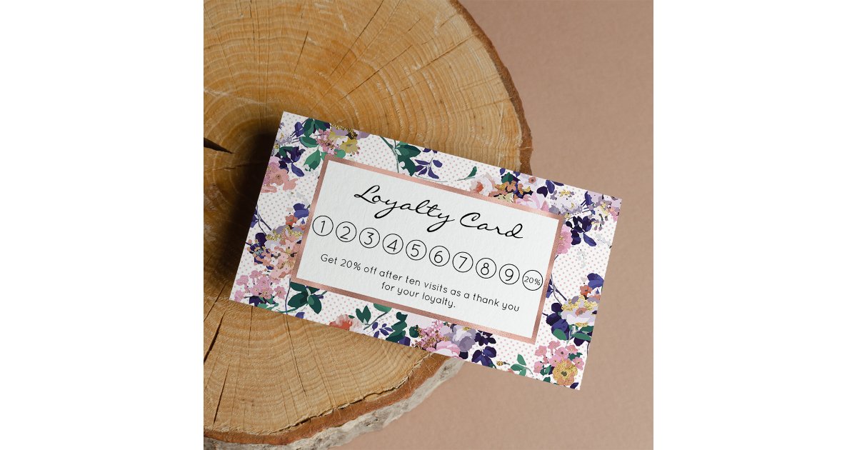 Pink teal purple gold polka dots floral loyalty card | Zazzle
