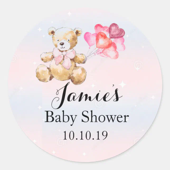 Pink Teddy Bear - Baby Girl Baby Shower Classic Round Sticker | Zazzle