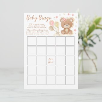 Pink Teddy Bear Baby Shower Bingo Game Card | Zazzle