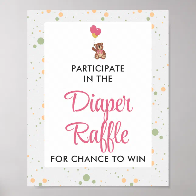 Pink Teddy Bear Baby Shower Diaper Raffle Game Poster | Zazzle