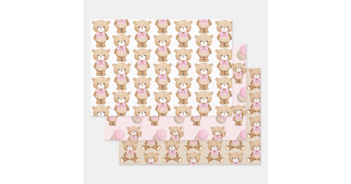 Pink Teddy Bear Balloon Baby Girl 1st Birthday Wrapping Paper Sheets ...