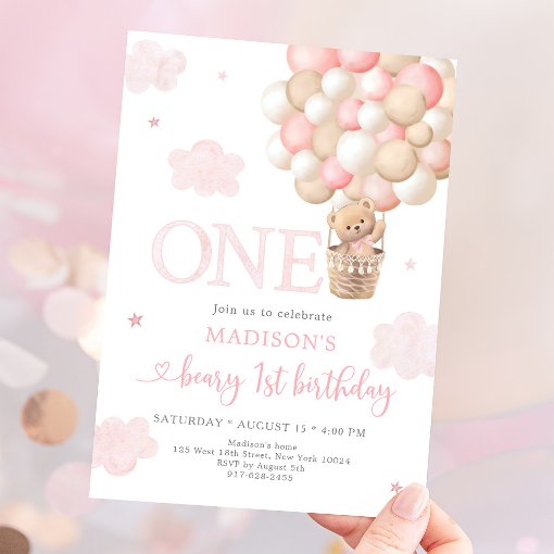 Pink Teddy Bear Balloon Beary First Birthday Invitation | Zazzle