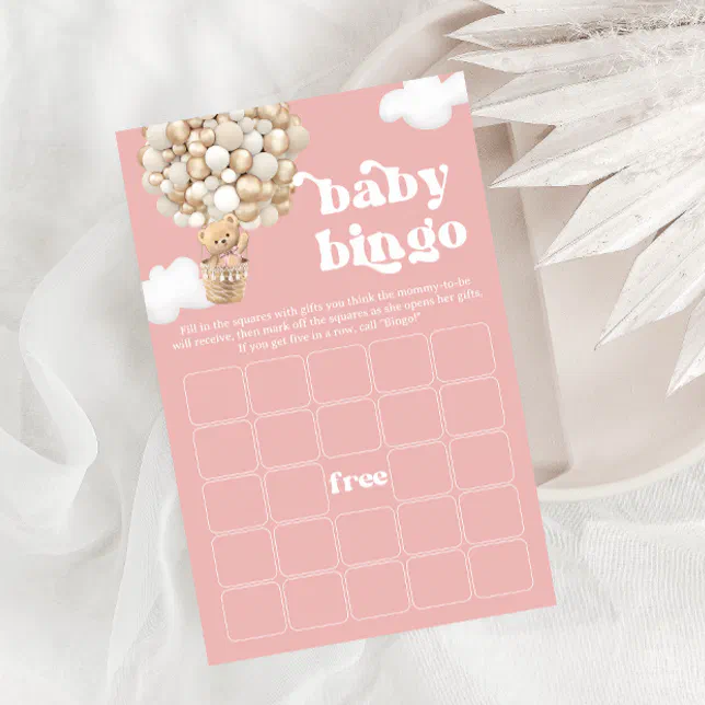 Pink Teddy Bear Balloons Baby Shower Game BINGO Flyer | Zazzle