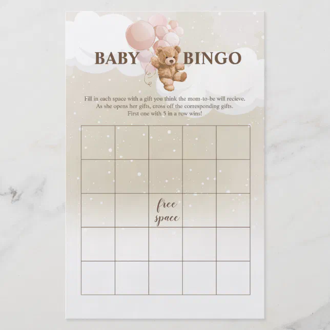 Pink Teddy Bear BINGO Baby Shower Games Flyer | Zazzle
