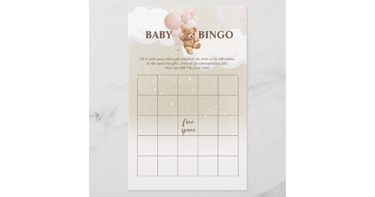 Pink Teddy Bear BINGO Baby Shower Games Flyer | Zazzle