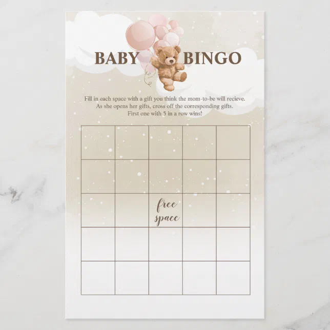 Pink Teddy Bear BINGO Baby Shower Games Flyer | Zazzle