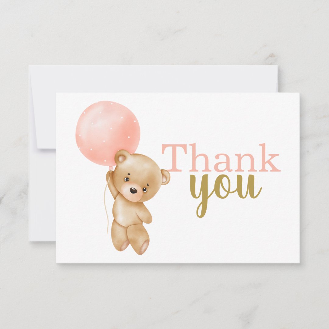 Pink Teddy Bear Girl Thank you Note Card | Zazzle