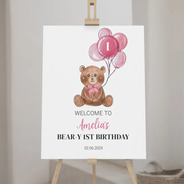 Pink Teddy Bear Welcome Sign Birthday Party | Zazzle