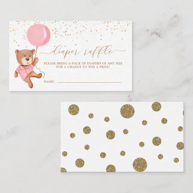 Pink Teddy Bear With Balloon Diaper Raffle Ticket Enclosure Card | Zazzle