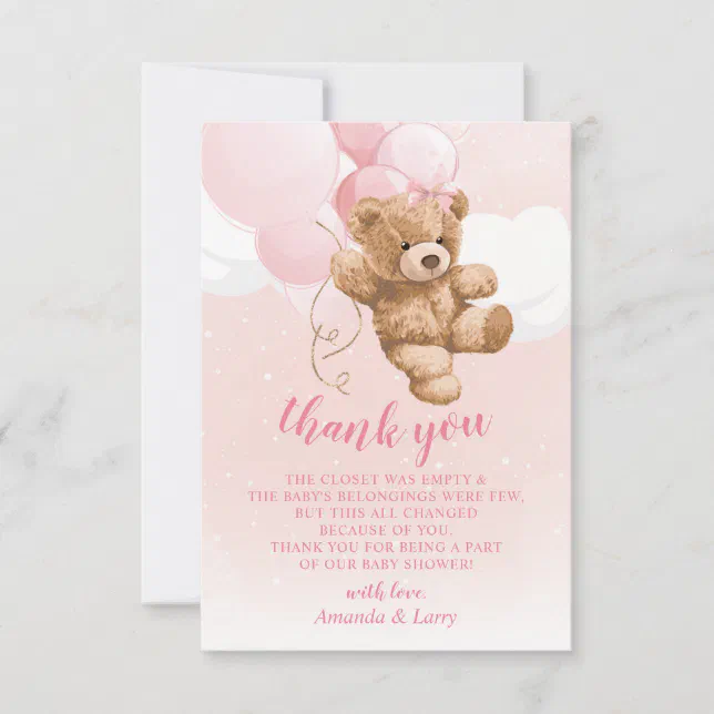 Pink Teddy Bear with Balloons Thank You Card | Zazzle