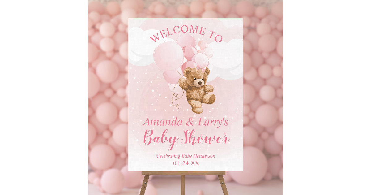Pink Teddy Bear with Balloons Welcome Sign | Zazzle